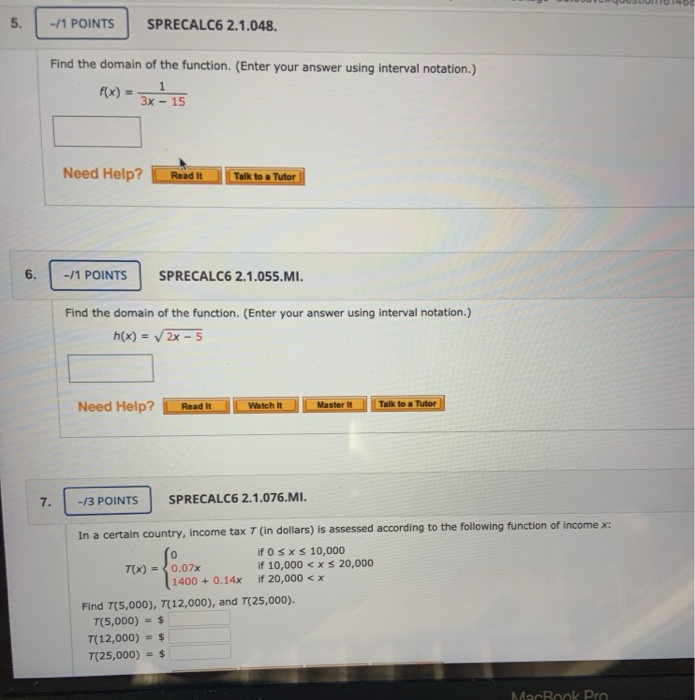 Solved 5. -/1 POINTS SPRECALC6 2.1.048. Find the domain of | Chegg.com