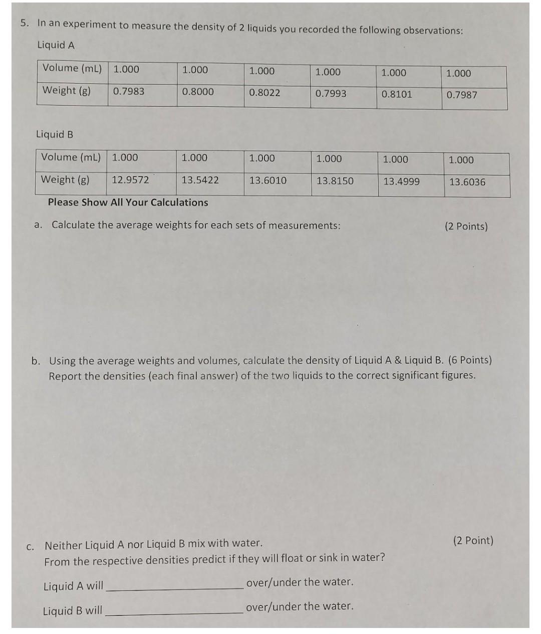 Solved 5. In an experiment to measure the density of 2 | Chegg.com