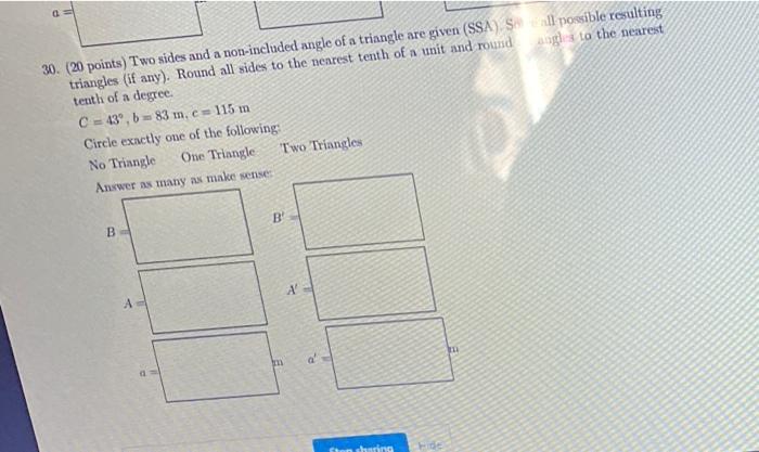 Solved 30. (20 points) Two sides and a non-included angle of | Chegg.com