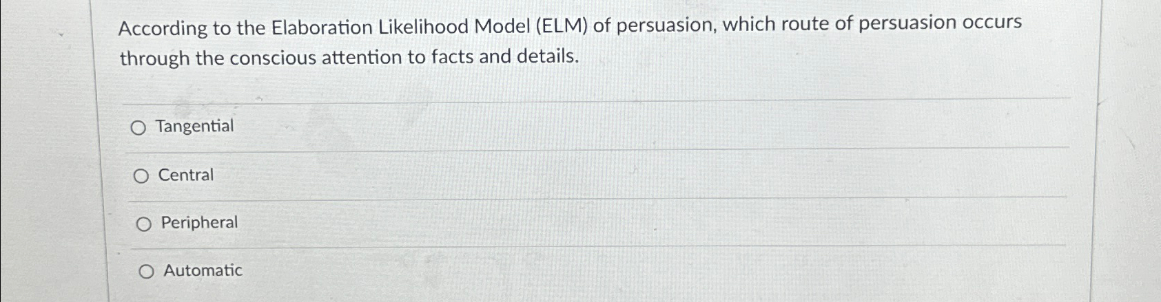 Solved According to the Elaboration Likelihood Model (ELM) | Chegg.com