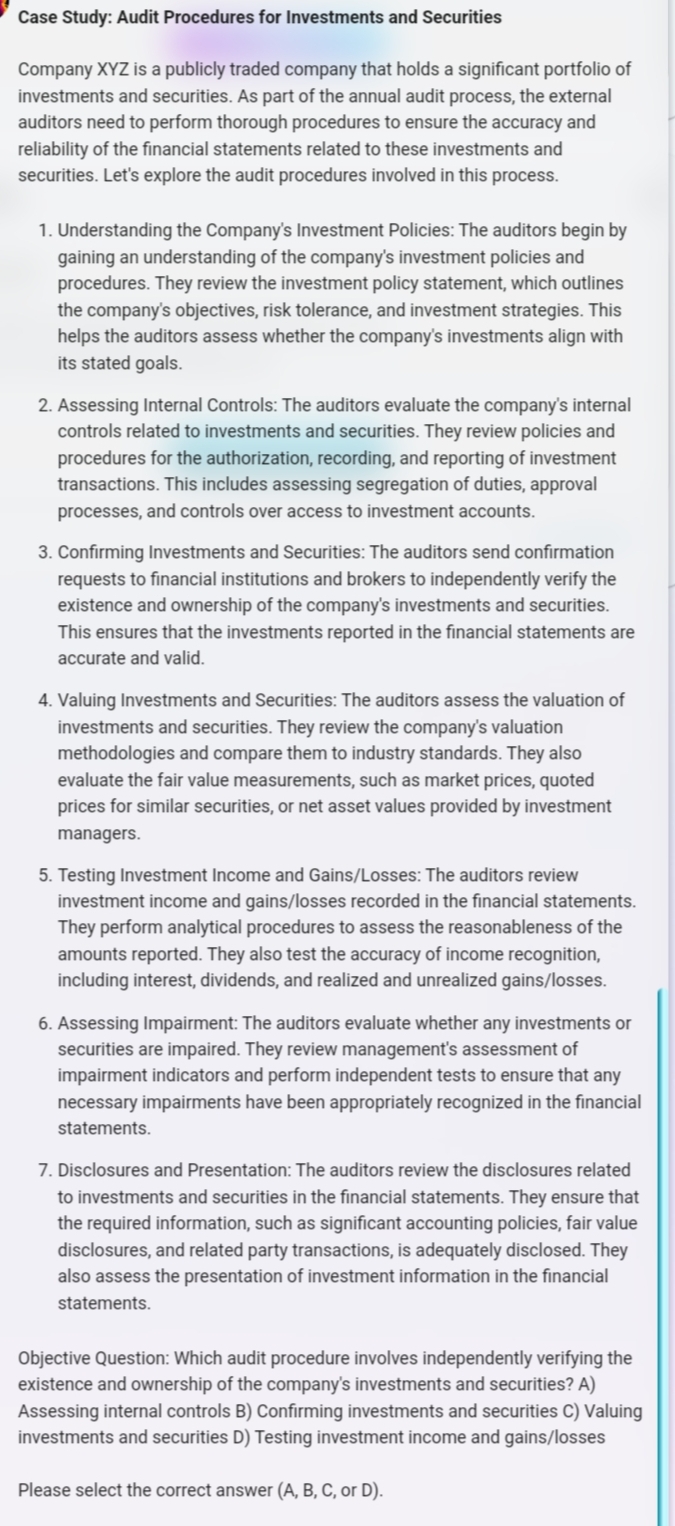 Solved Case Study: Audit Procedures for Investments and | Chegg.com