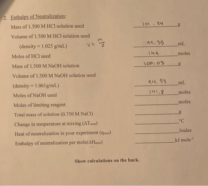 Solved 2. Enthalpy of Neutralization: Mass of 1.500 M HCl | Chegg.com