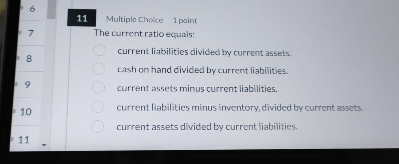 Solved 11Multiple Choice1 ﻿point7The current ratio | Chegg.com