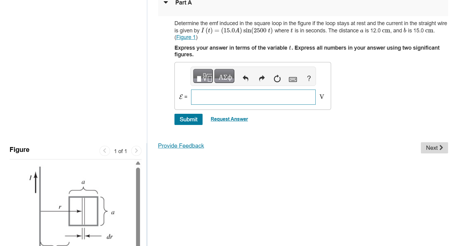 Part ADetermine the emf induced in ﻿the square loop | Chegg.com