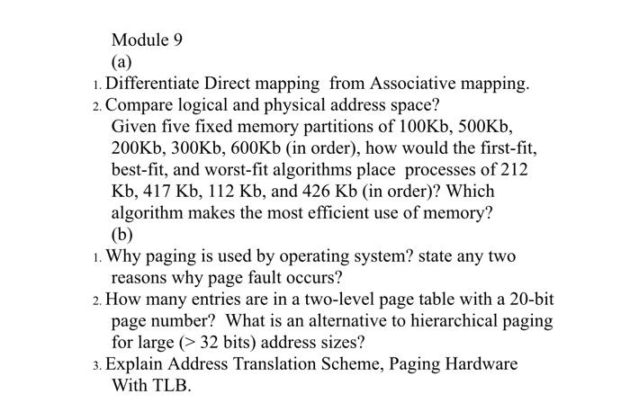 Solved Module 9 (a) 1. Differentiate Direct mapping from | Chegg.com
