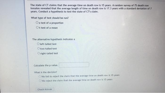 Solved The state of CT claims that the average time on death | Chegg.com