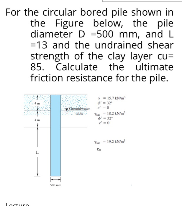 Solved For the circular bored pile shown in the Figure | Chegg.com