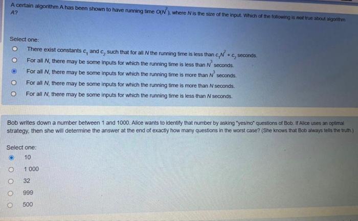 Solved A certain algorithm A has been shown to have running | Chegg.com