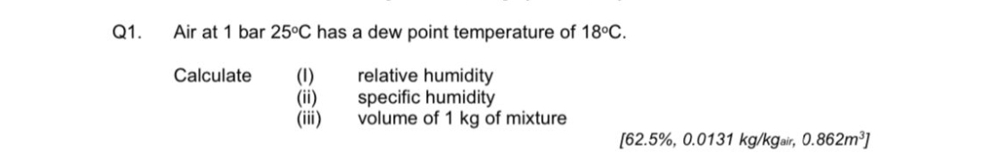 Solved Q1. ﻿Air at 1 ﻿bar 25°C ﻿has a dew point temperature | Chegg.com