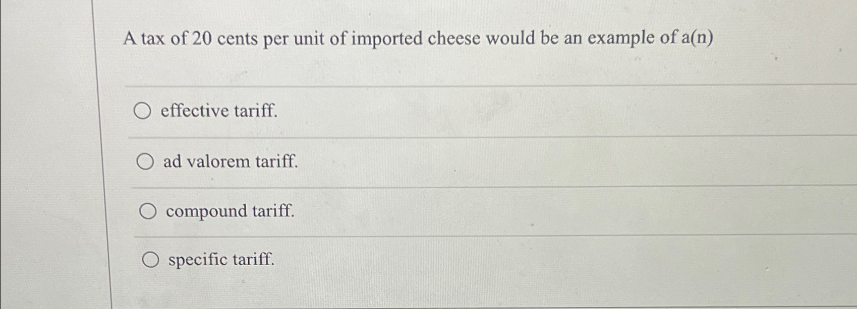 Solved A tax of 20 ﻿cents per unit of imported cheese would | Chegg.com
