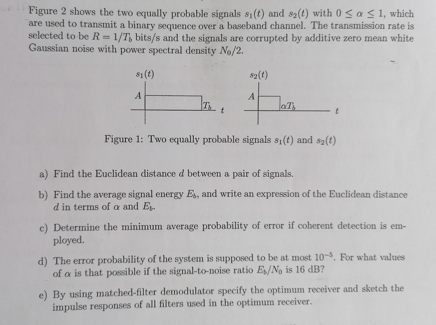 Solved Figure 2 shows the two equally probable signals s1(t) | Chegg.com