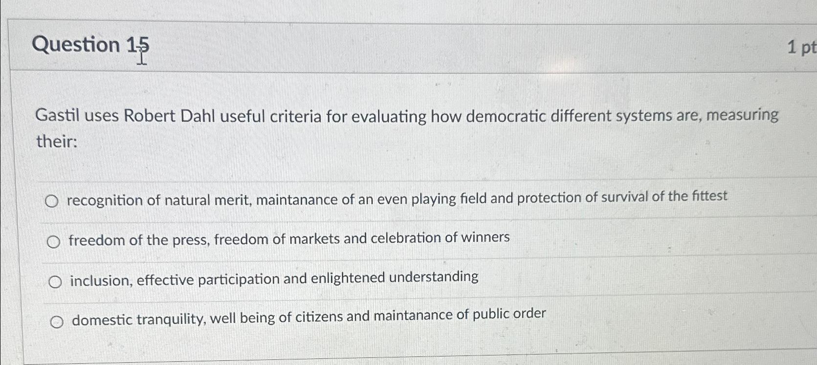 Question 15Gastil uses Robert Dahl useful criteria | Chegg.com