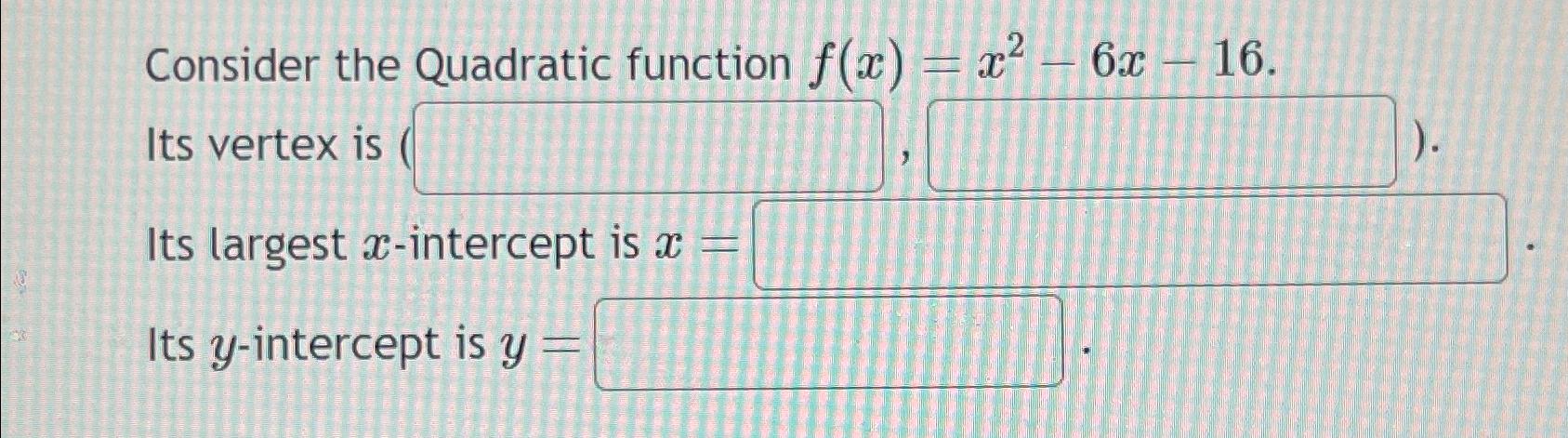 Solved Consider the Quadratic function f(x)=x2-6x-16. ﻿Its | Chegg.com