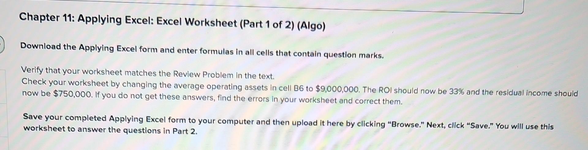 Solved Cnaprer 11: Applying Excel: Excel Worksheet (Part 1 | Chegg.com