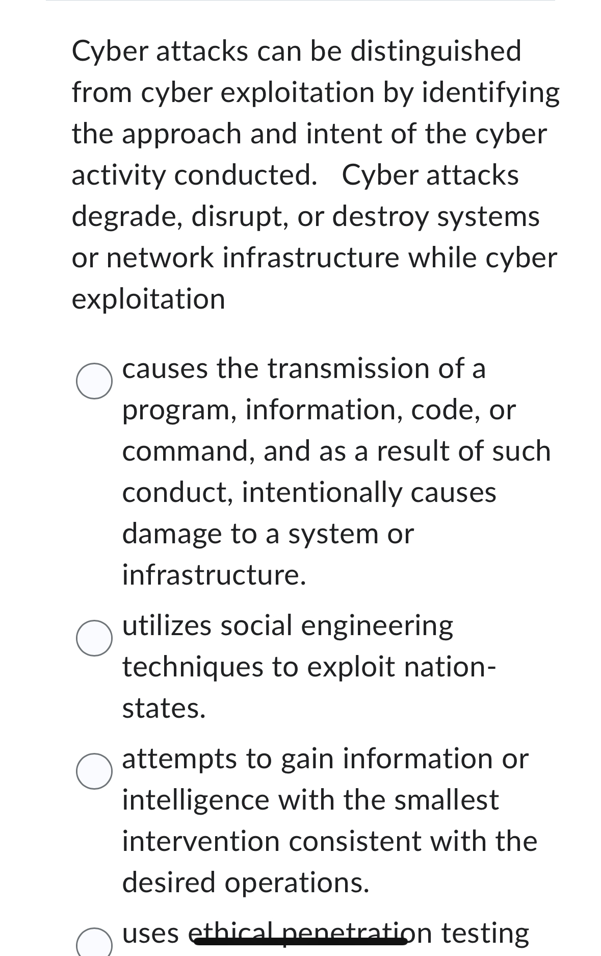 Solved Cyber attacks can be distinguishedfrom cyber | Chegg.com