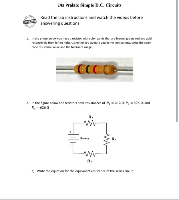 Solved E4a Prelab: Simple D.C. Circuits IMPORTANT Read the | Chegg.com