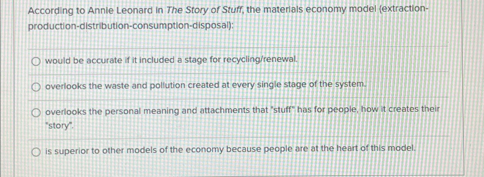Solved According to Annie Leonard in The Story of Stuff, the | Chegg.com
