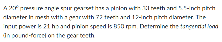 Solved A 20° ﻿pressure angle spur gearset has a pinion with | Chegg.com