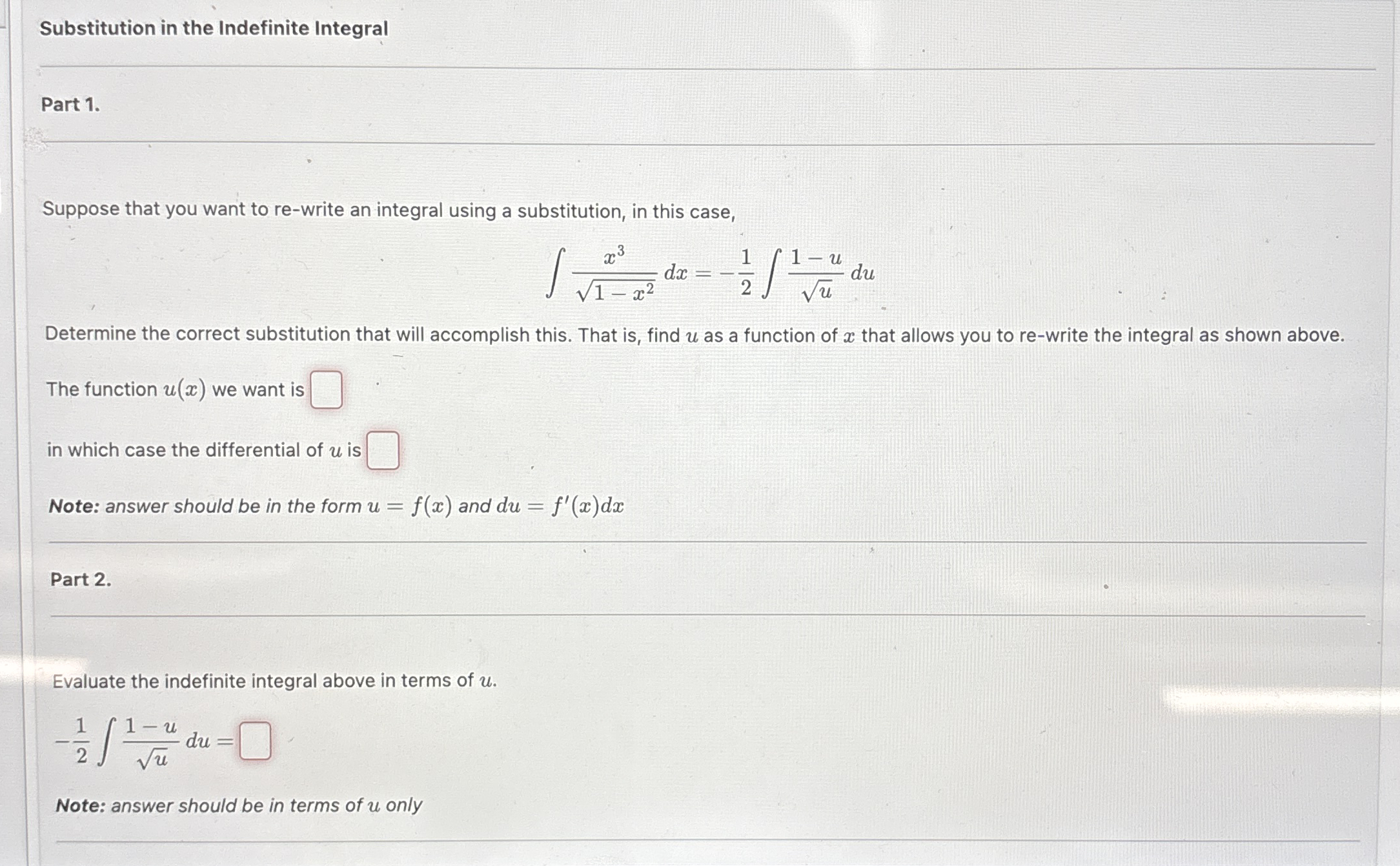 Solved Substitution in the Indefinite IntegralPart 1.Suppose | Chegg.com