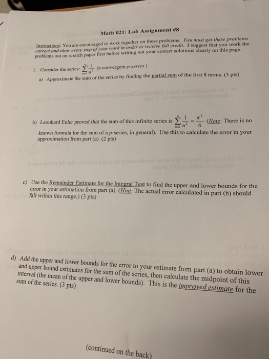 Solved Math 021: Lab Assignment W8 Instructions: You are | Chegg.com