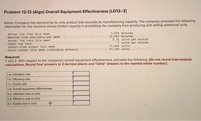 Solved Problem 12-12 (Algo) Overall Equipment Effectiveness | Chegg.com Solved Problem 12-12 (Algo) Overall Equipment Effectiveness | Chegg.com