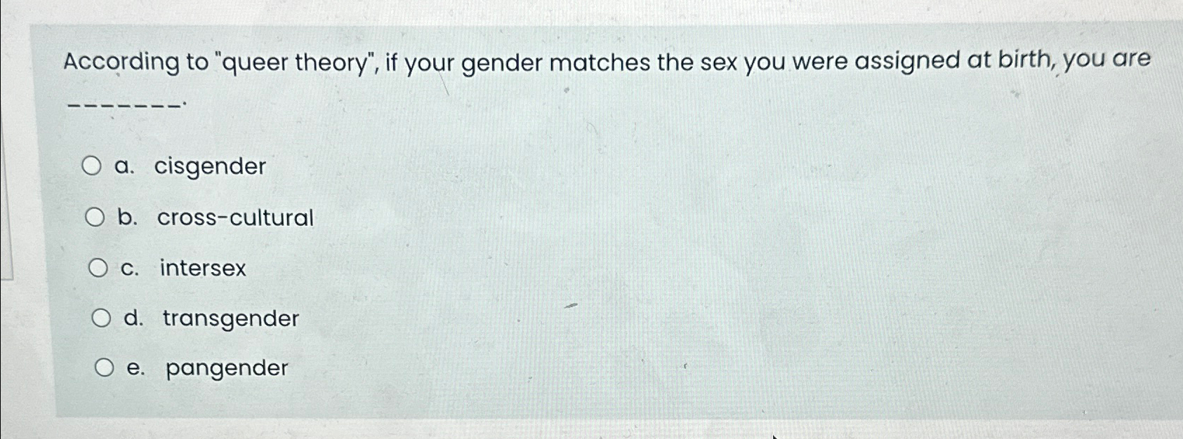 Solved According to "queer theory", if your gender matches | Chegg.com