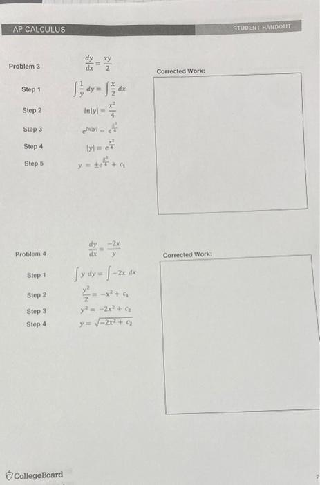 Solved AP CALCULUS STUDENT HANDOUT Problem 3 Corrected Work: | Chegg.com