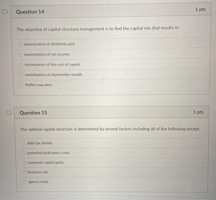 Solved Question 14 1 pts The objective of capital structure | Chegg.com