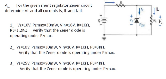 Solved A_ for the given shunt regulator Zener circuit | Chegg.com