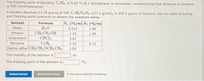 Solved The freezing point of benzene, C6H6, is 5.50∘C at 1 | Chegg.com
