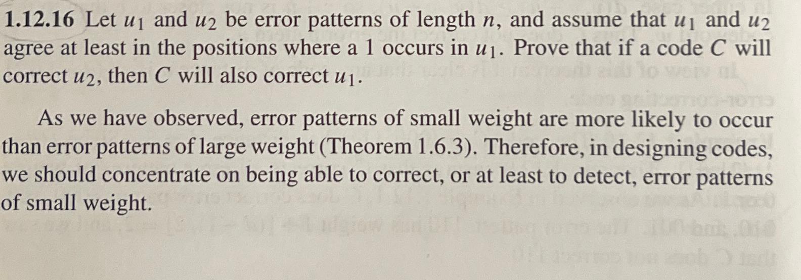 Solved 1.12.16 ﻿Let u1 ﻿and u2 ﻿be error patterns of length | Chegg.com