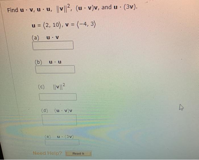 Solved Find u . v, uu, |v||2, (uv)v, and u. (3v). u = (2, | Chegg.com Solved Find u . v, uu, |v||2, (uv)v, and u. (3v). u = (2, | Chegg.com