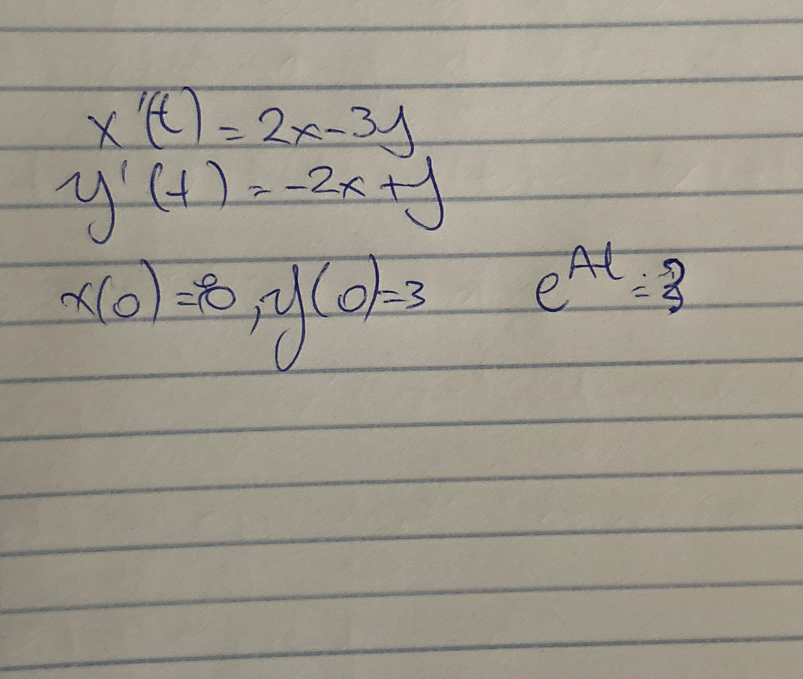 Solved x'(t)=2x-3yy'(t)=-2x+yx(0)=8,y(0)=3,eAt=? | Chegg.com