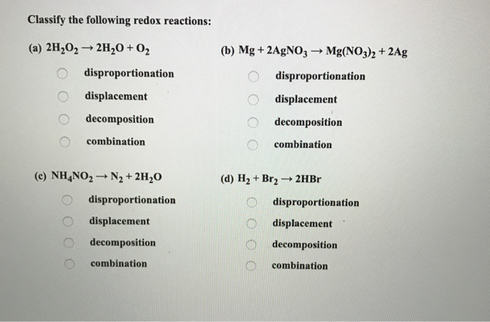 Solved Classify the following redox reactions: (a) 2H,02 → | Chegg.com