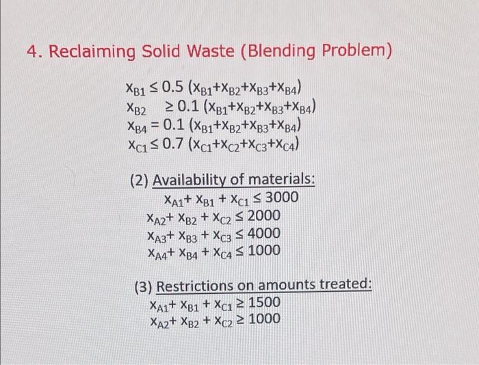 Solved 4. Reclaiming Solid Waste (Blending Problem) The | Chegg.com