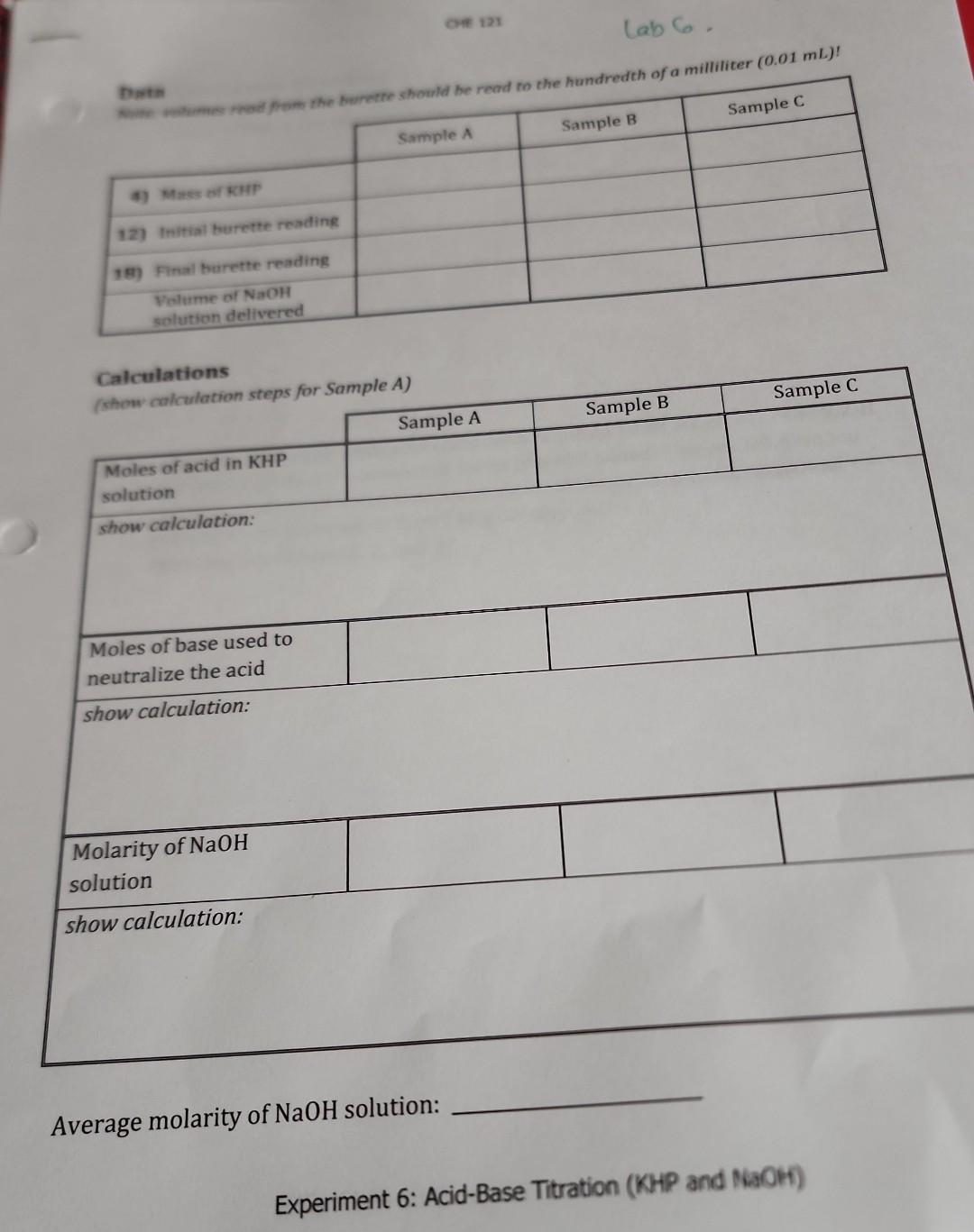 Average molarity of NaOH solution: Experiment 6: | Chegg.com