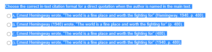 Solved Choose the correct in-text citation format for a | Chegg.com