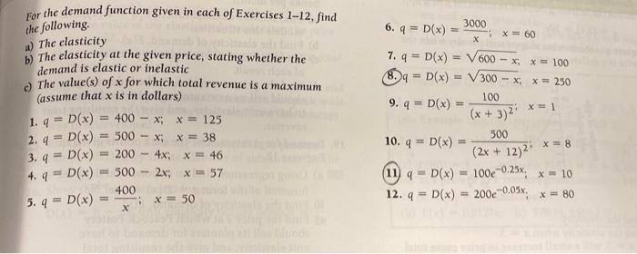 Solved For the demand function given in each of Exercises | Chegg.com