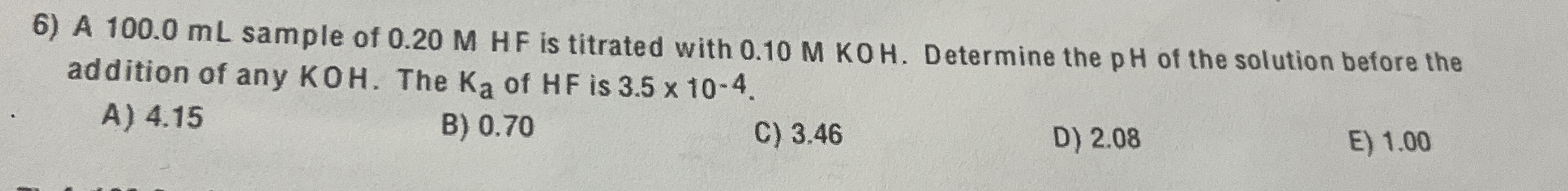 Solved A 100.0 ﻿mL sample of 0.20 ﻿M HF is titrated with | Chegg.com
