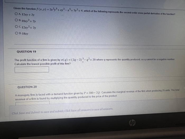 Solved Given the function f(x,y)=2x2y3+xy2−x3+3y2+4, which | Chegg.com