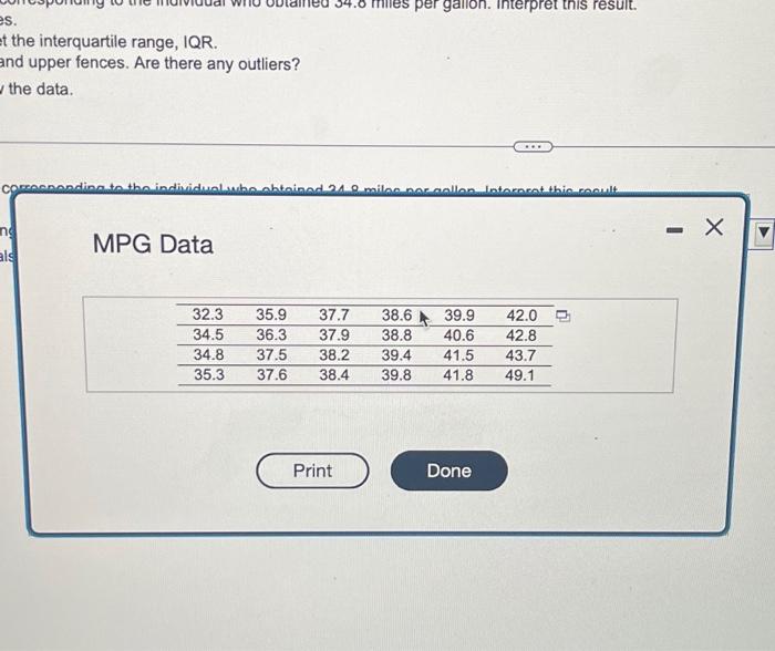 Solved The accompanying data represent the miles per gallon | Chegg.com