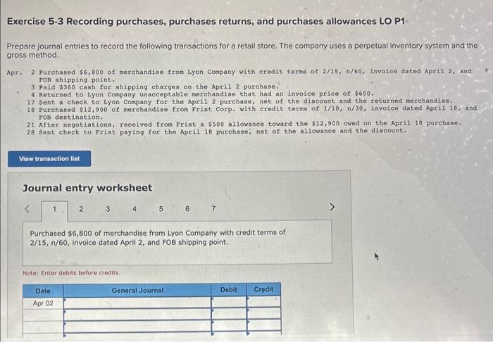 Solved Exercise 5-3 Recording purchases, purchases returns, | Chegg.com Solved Exercise 5-3 Recording purchases, purchases returns, | Chegg.com