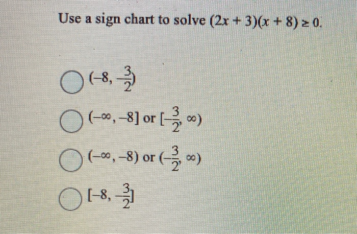 Solved Use a sign chart to solve (2x + 3)(x + 8) = 0. O (-8, | Chegg.com