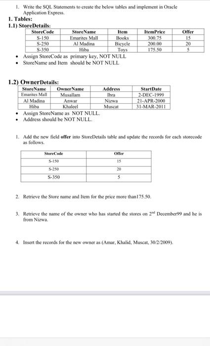 Solved 1. Write the SQL Statements to create the below | Chegg.com