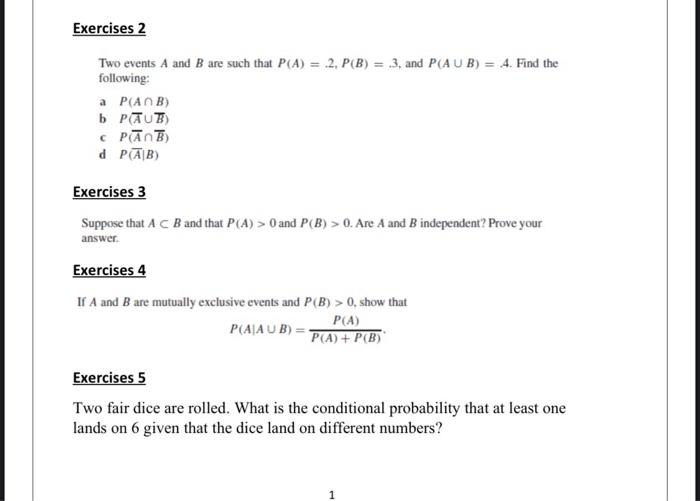Solved Exercises 2 Two events A and B are such that P(A) = | Chegg.com