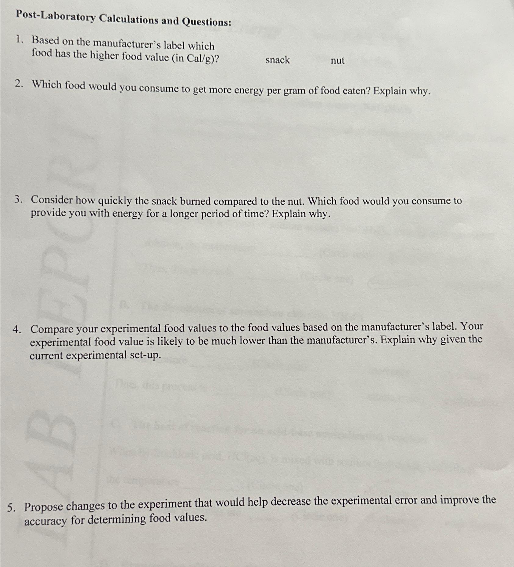 Solved Post-Laboratory Calculations and Questions:Based on | Chegg.com