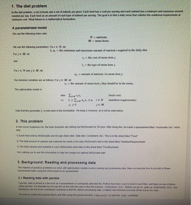 1. The diet problem In the diet problem, a set of | Chegg.com