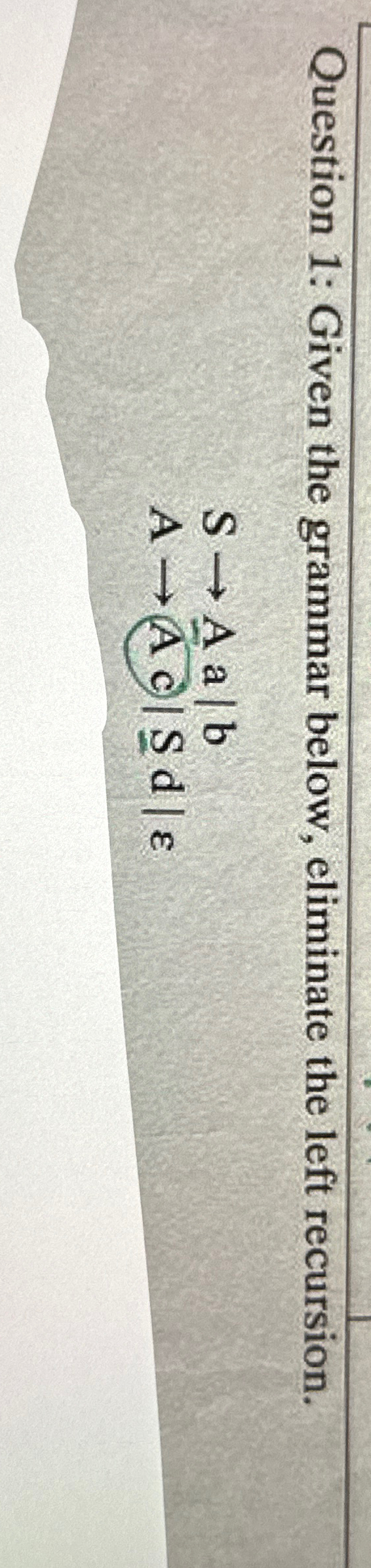 Solved Question 1: Given the grammar below, eliminate the | Chegg.com