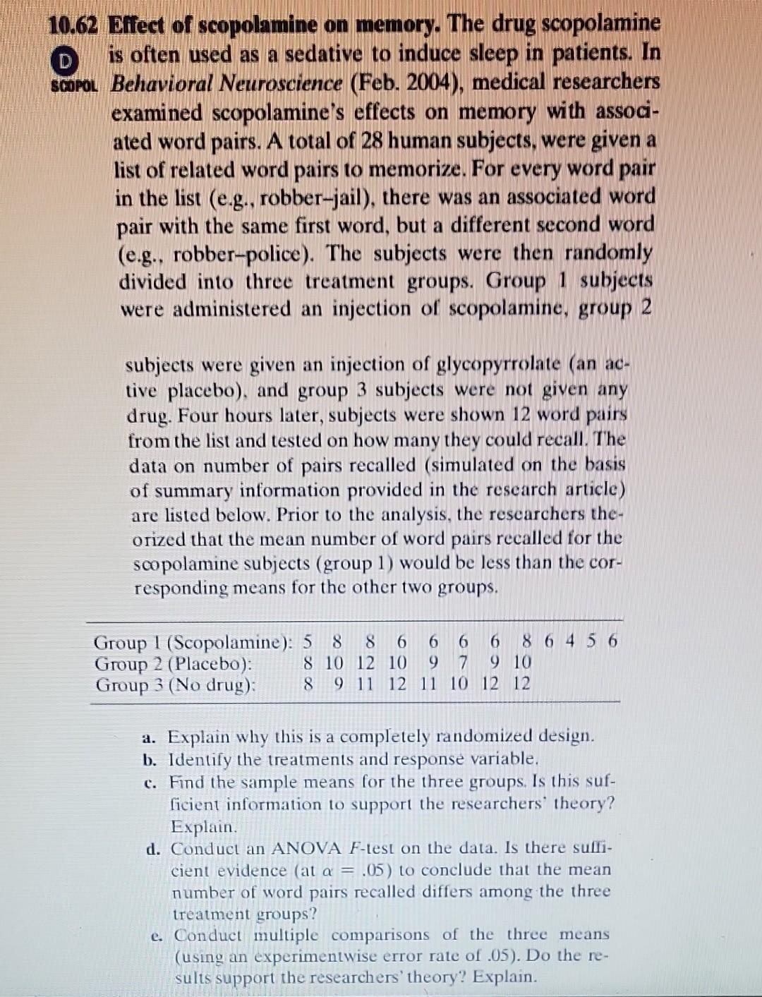 Solved 10.62 Eliect of scopolamine on memory. The drug | Chegg.com