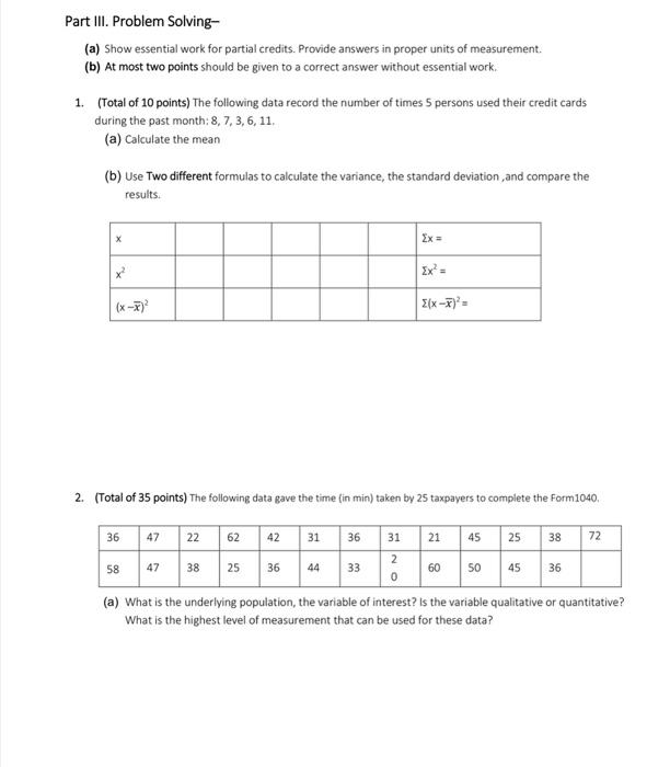 Solved Part III. Problem Solving- (a) Show essential work | Chegg.com Solved Part III. Problem Solving- (a) Show essential work | Chegg.com
